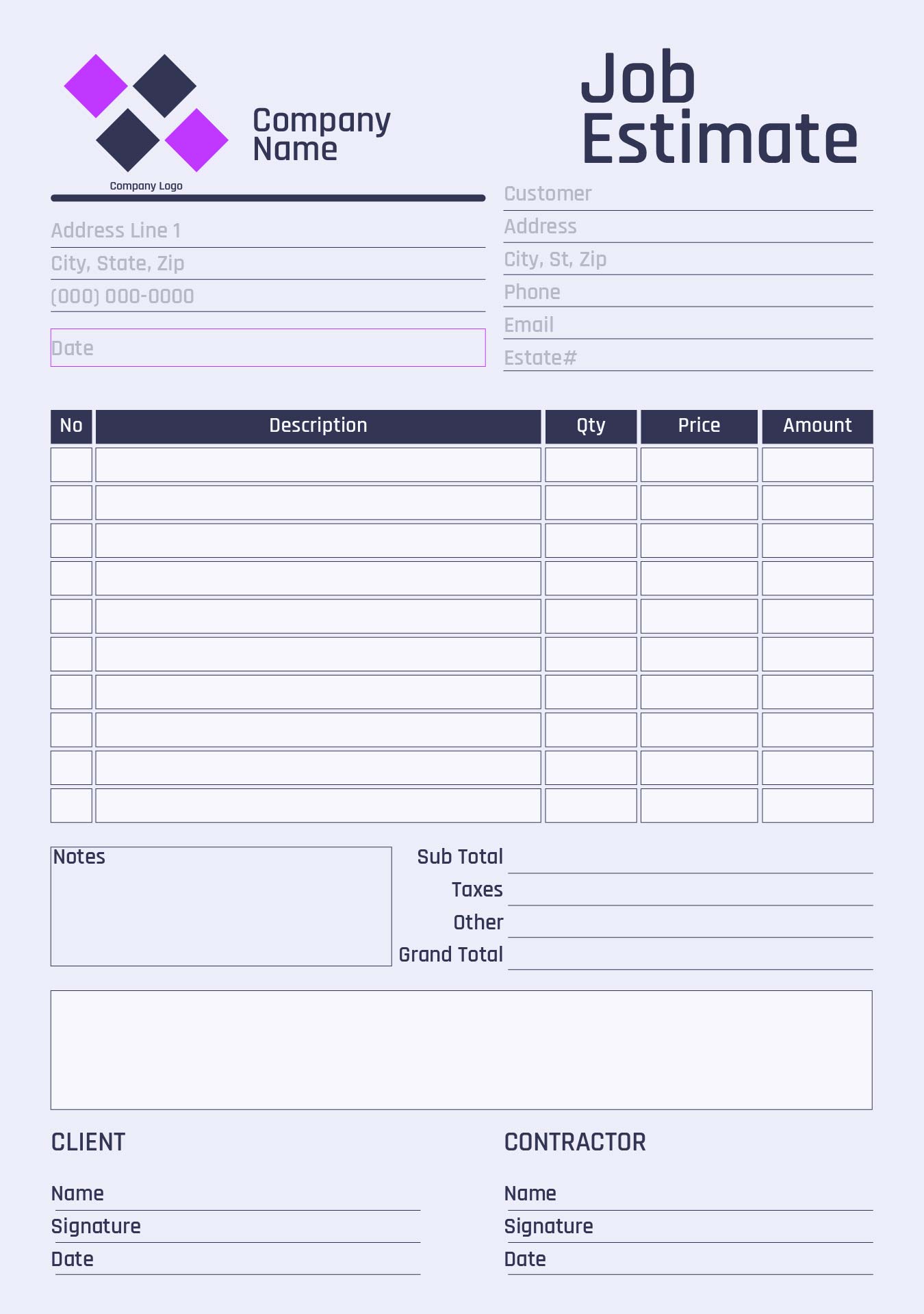 Printable Blank Estimate Forms Printable Forms Free Online