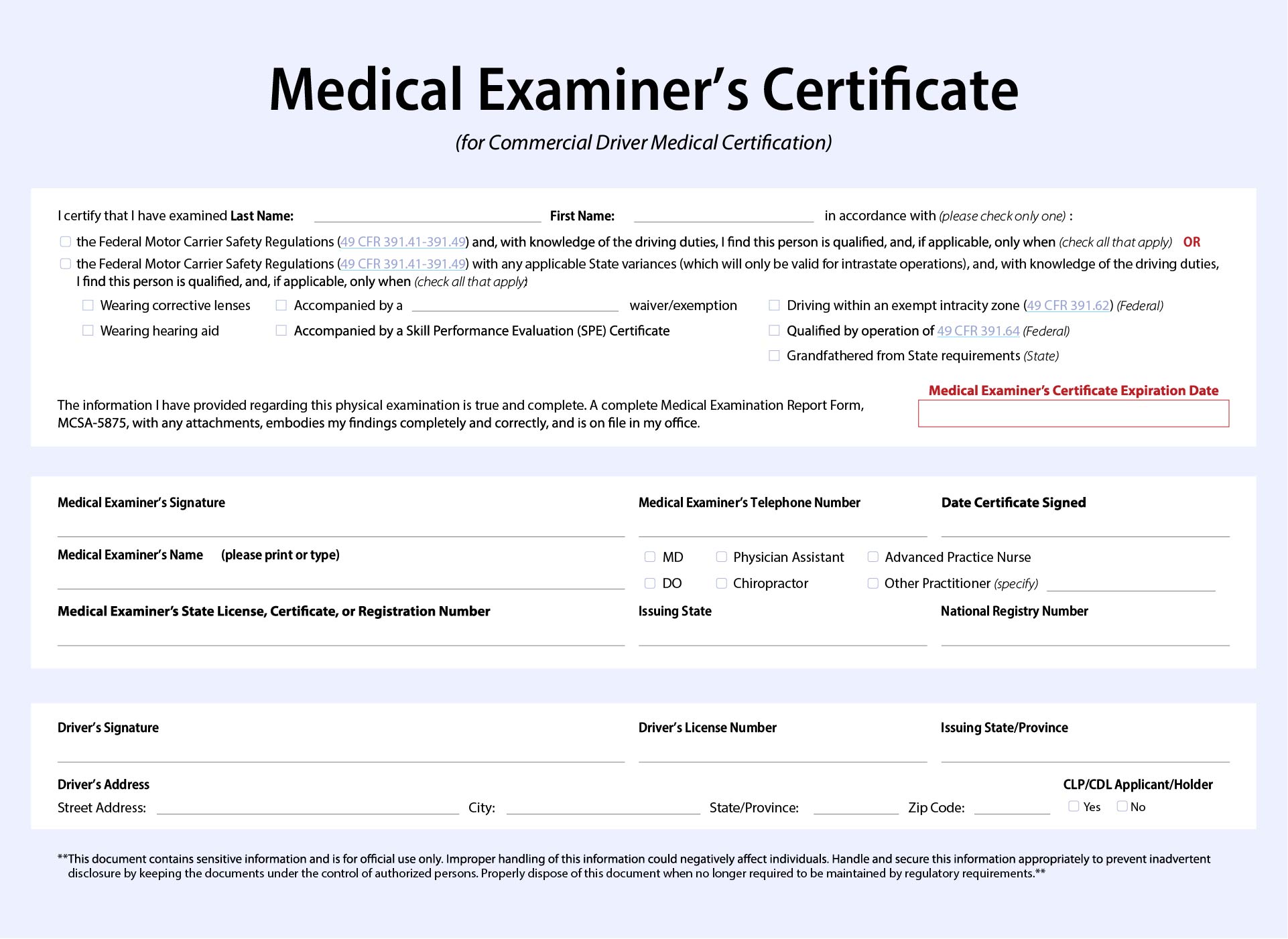 Printable Medical Examiners Certificate Wallet Card Printable Form