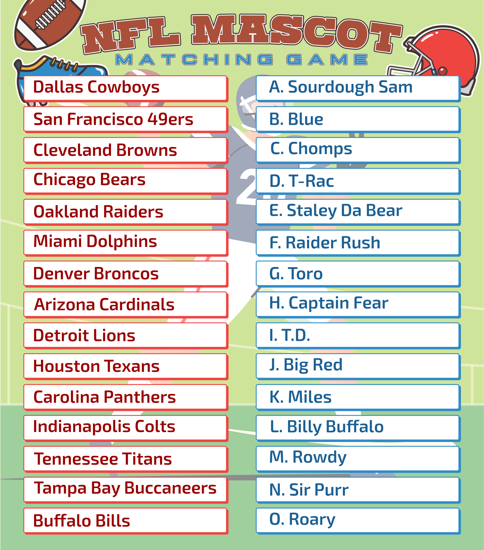 Nfl Mascot Trivia Game Printable