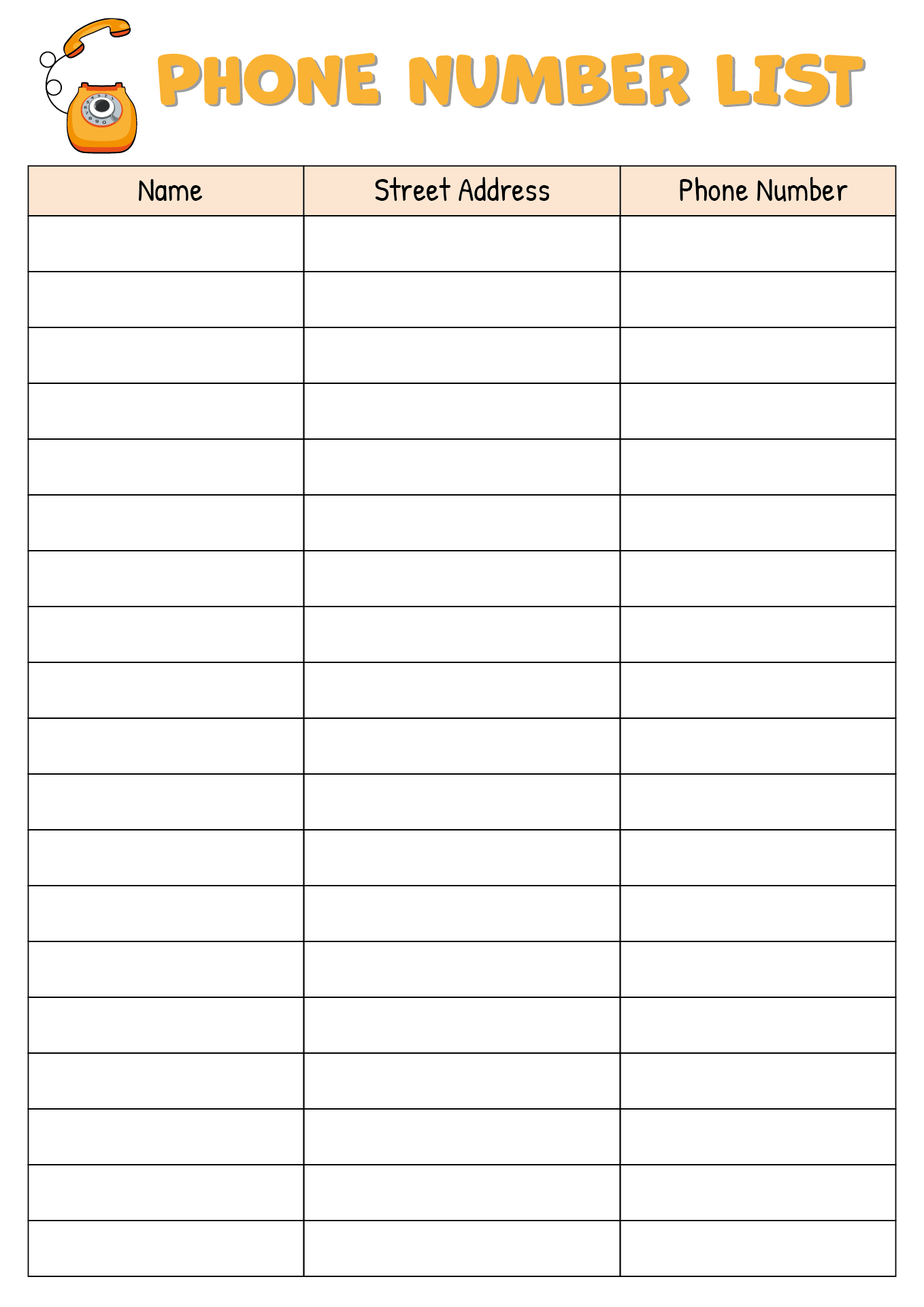 Printable Phone Number List