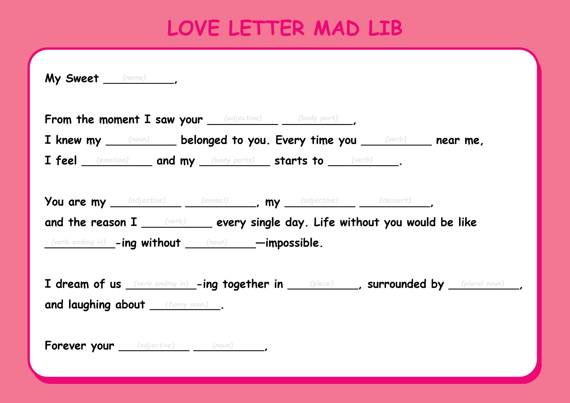 Love Story Mad Libs Printable Printable Word Searches